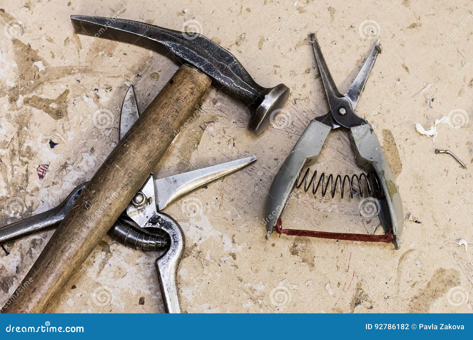 Tools, scissors and hammer stock photo. Image of table - 92786182