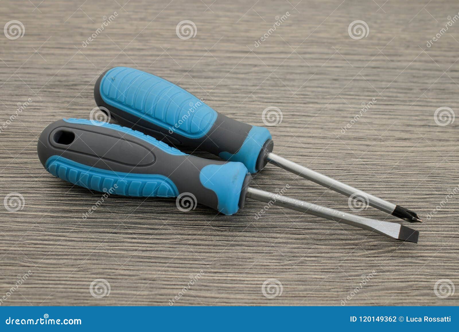 Tools, Set Blue Screwdriver on a Decored Wood Table Stock Photo - Image ...