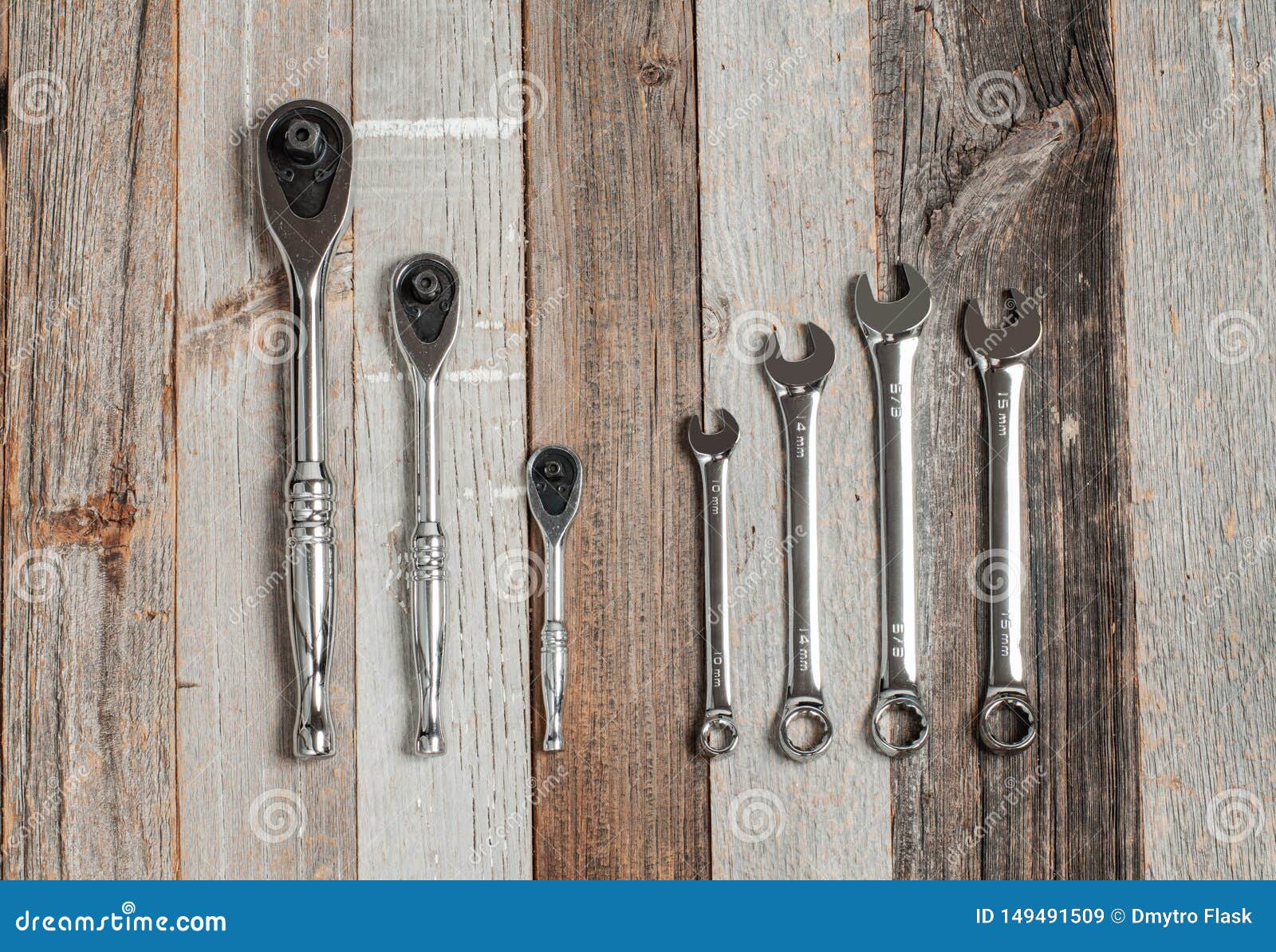 Tools, Set Wrenches on a Wood Background Stock Image - Image of chrome ...