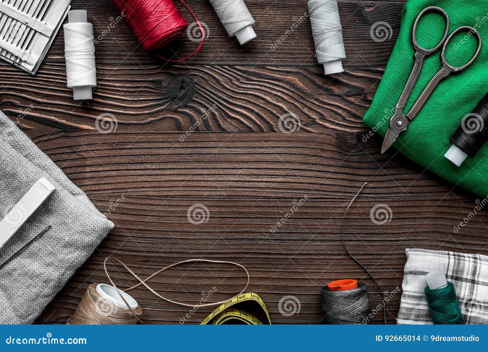 Tools for Sewing for Hobby Set on Wooden Background Top View Mock Up ...
