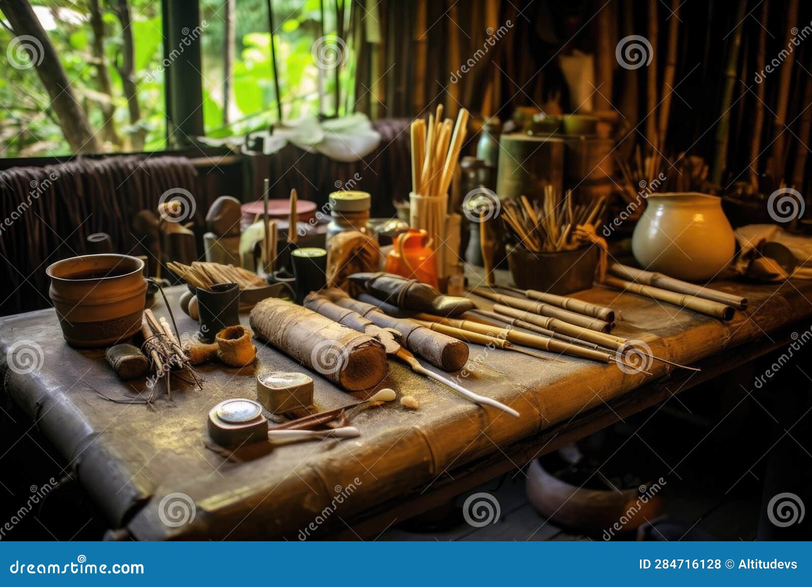 Tools for and Shaping Bamboo on Worktable Stock Illustration ...