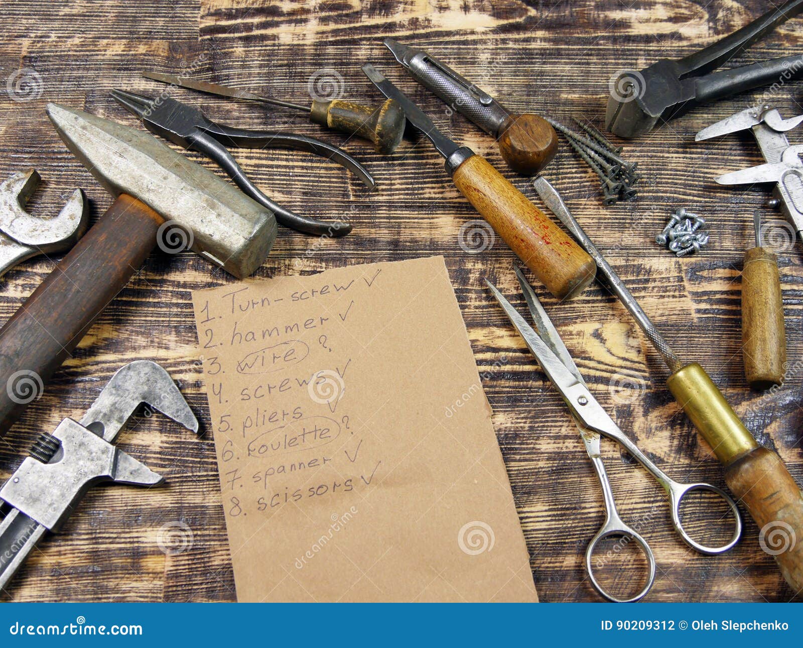 Tools and the Tools List on Table Stock Photo - Image of contractor ...