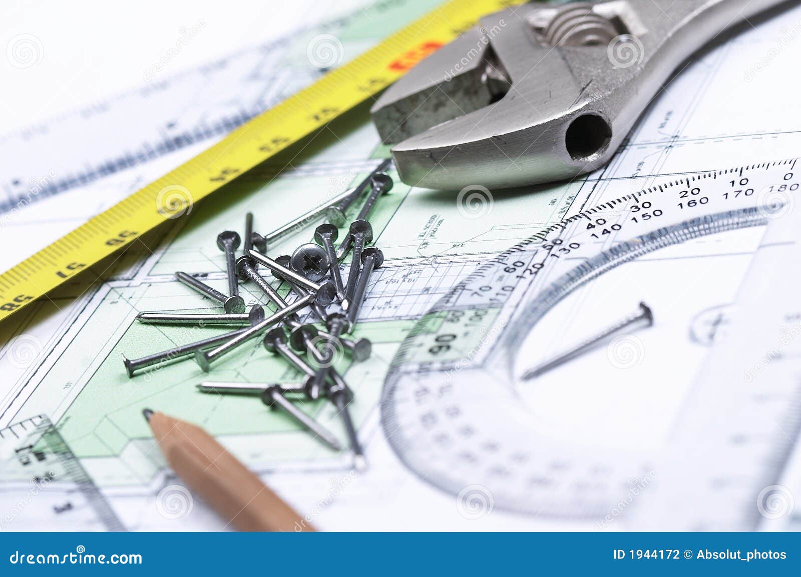 Tools on Top of a Floor Plan Stock Photo - Image of blueprint, geometry ...