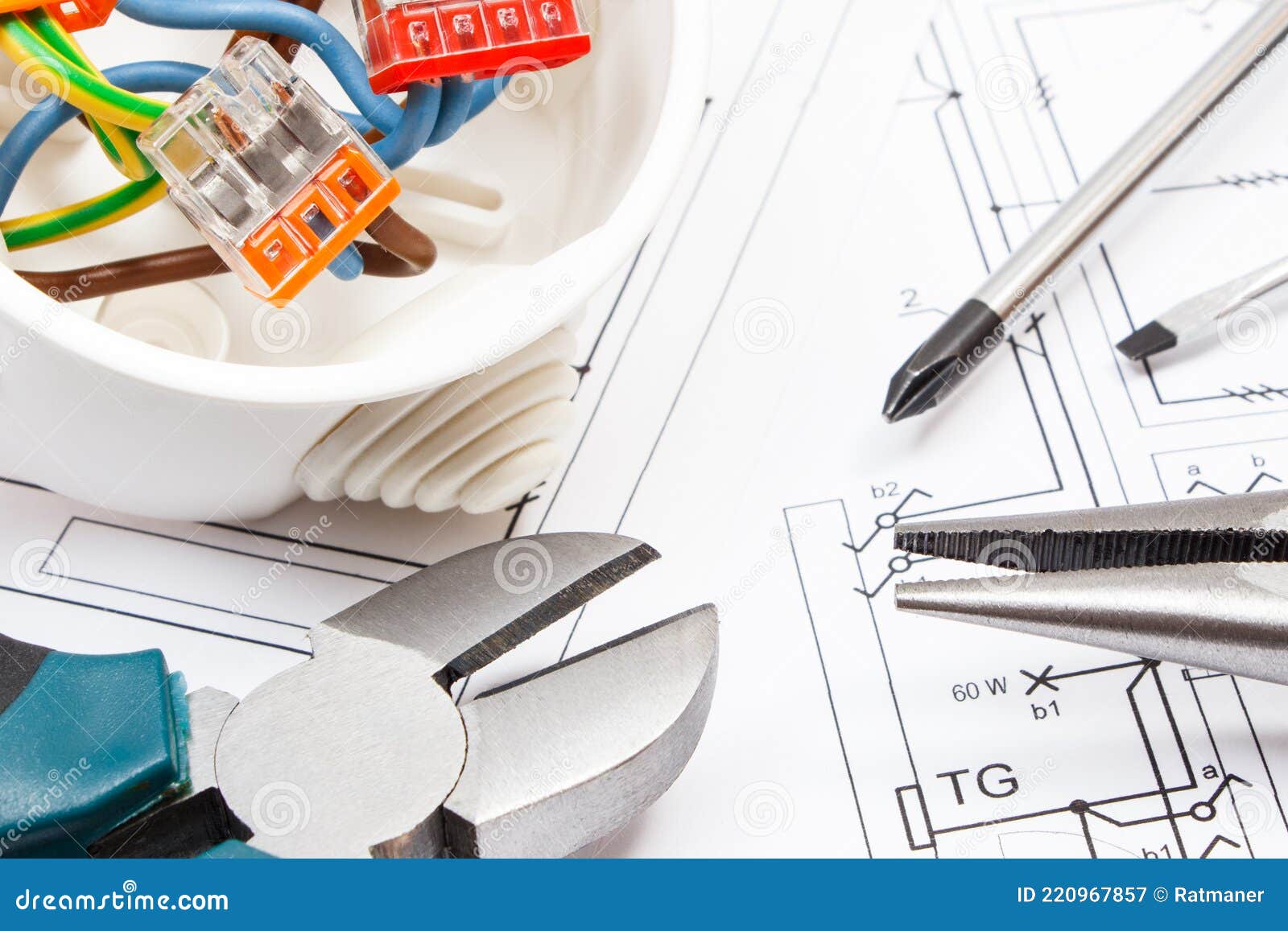 Tools Using for Works, Electric Box with Connected Cables and Diagrams ...