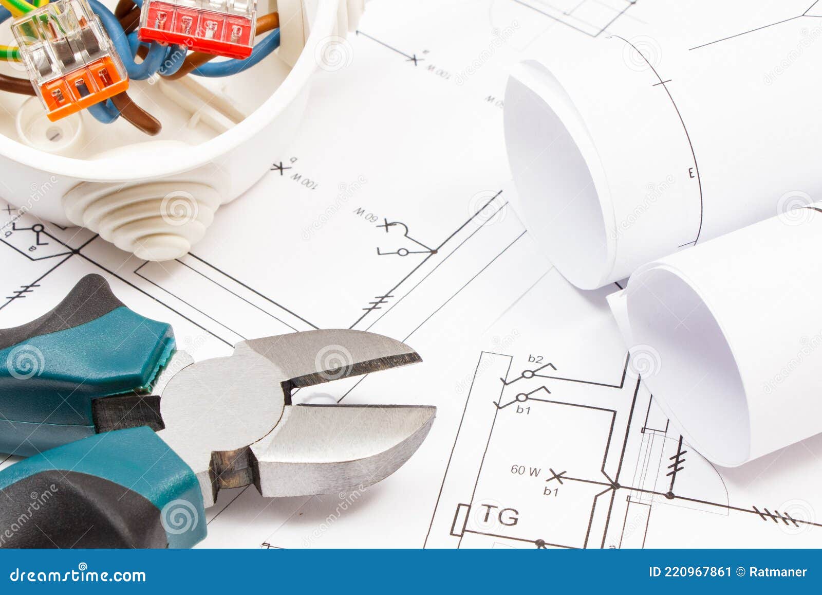 Tools Using for Works, Electric Box with Connected Cables and Diagrams ...