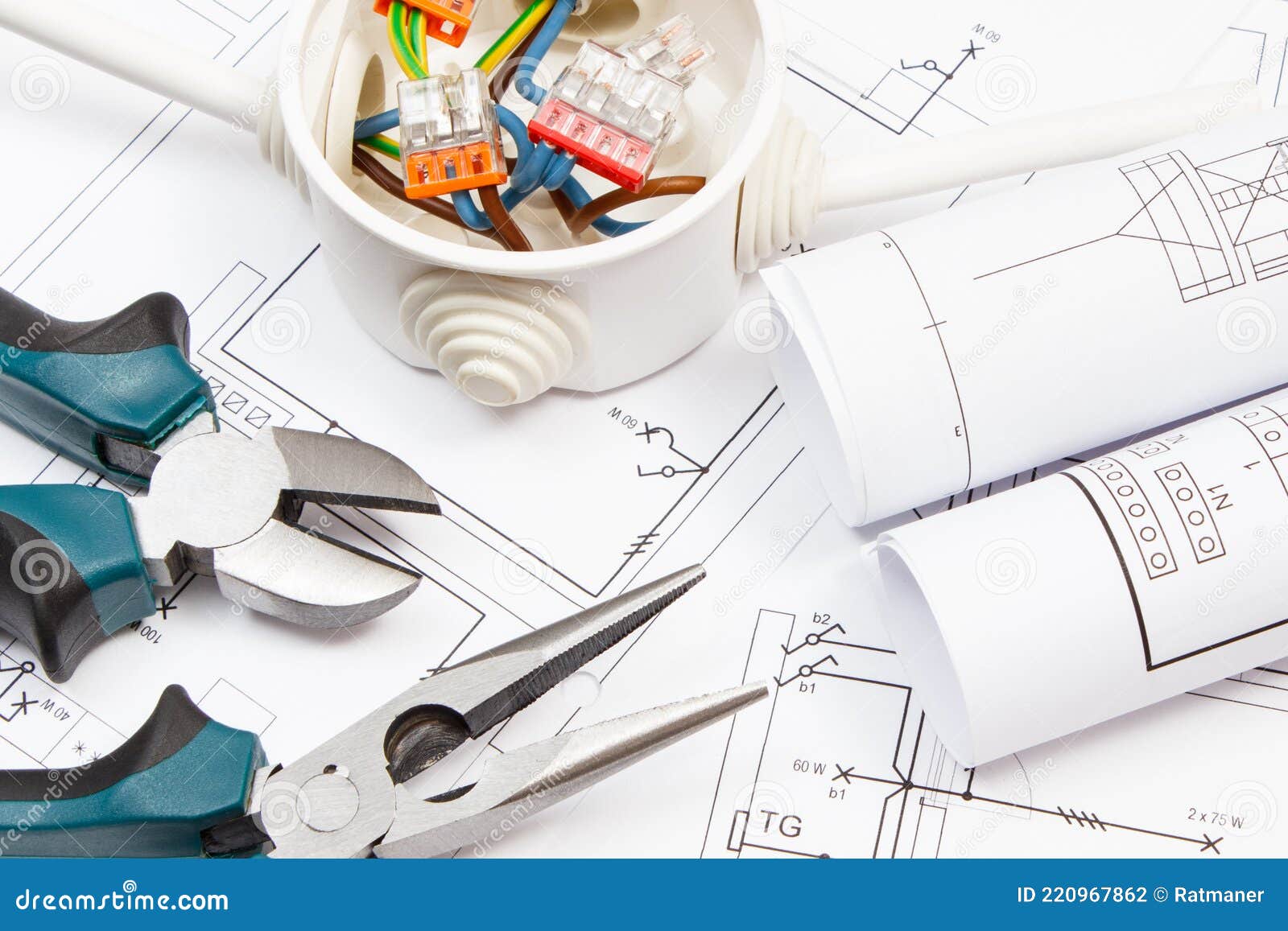 Tools Using For Works, Electric Box With Connected Cables And Diagrams ...