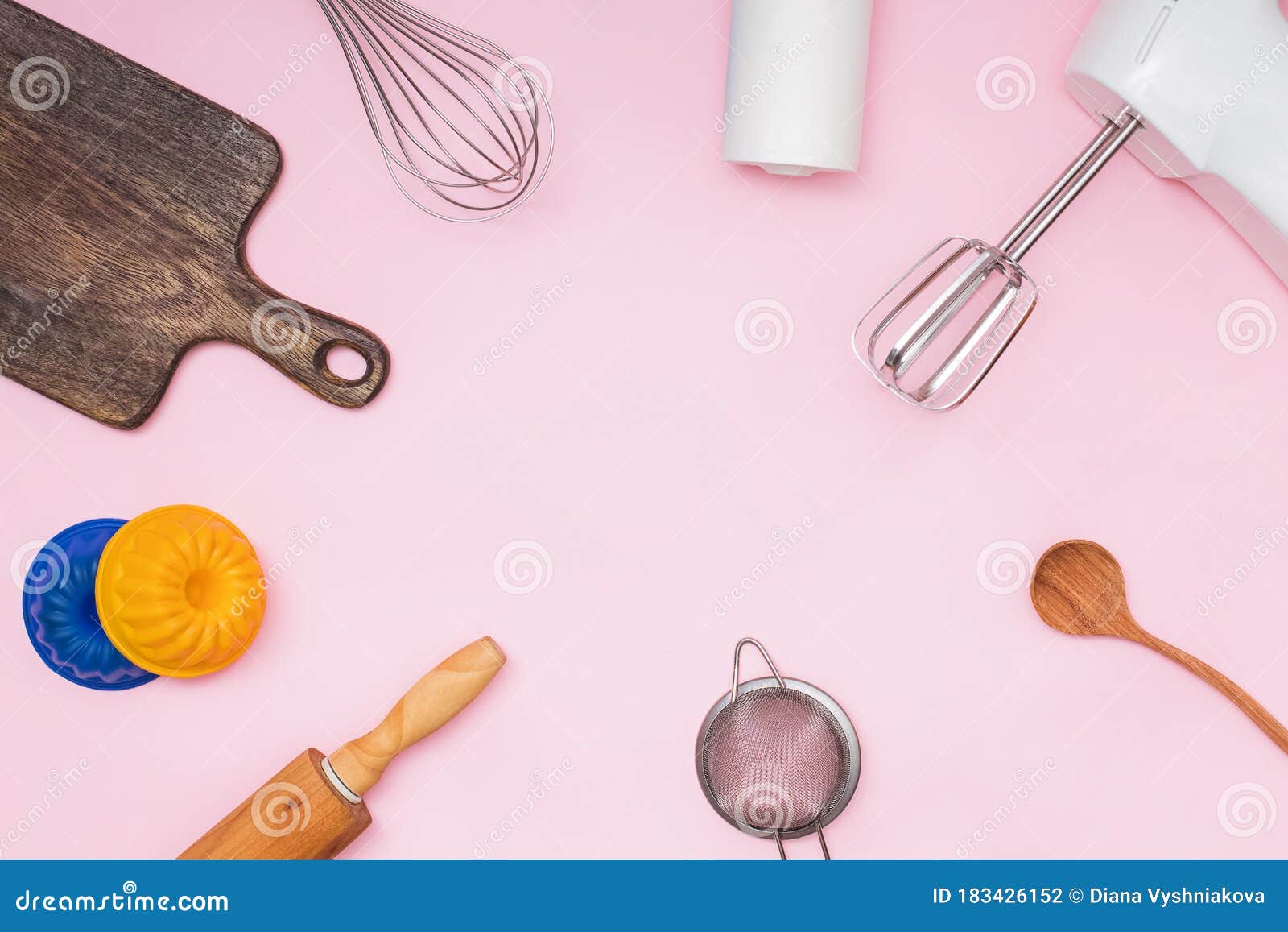 Tools and Utensils for Cucing and Baking on Pink Background Stock Photo ...