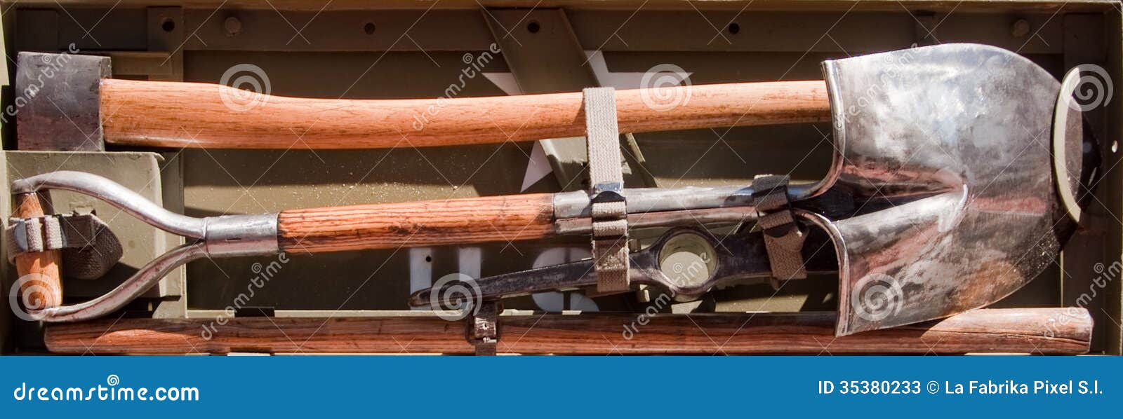 Tools in Vintage Army Vehicle Stock Image - Image of wooden, spade ...