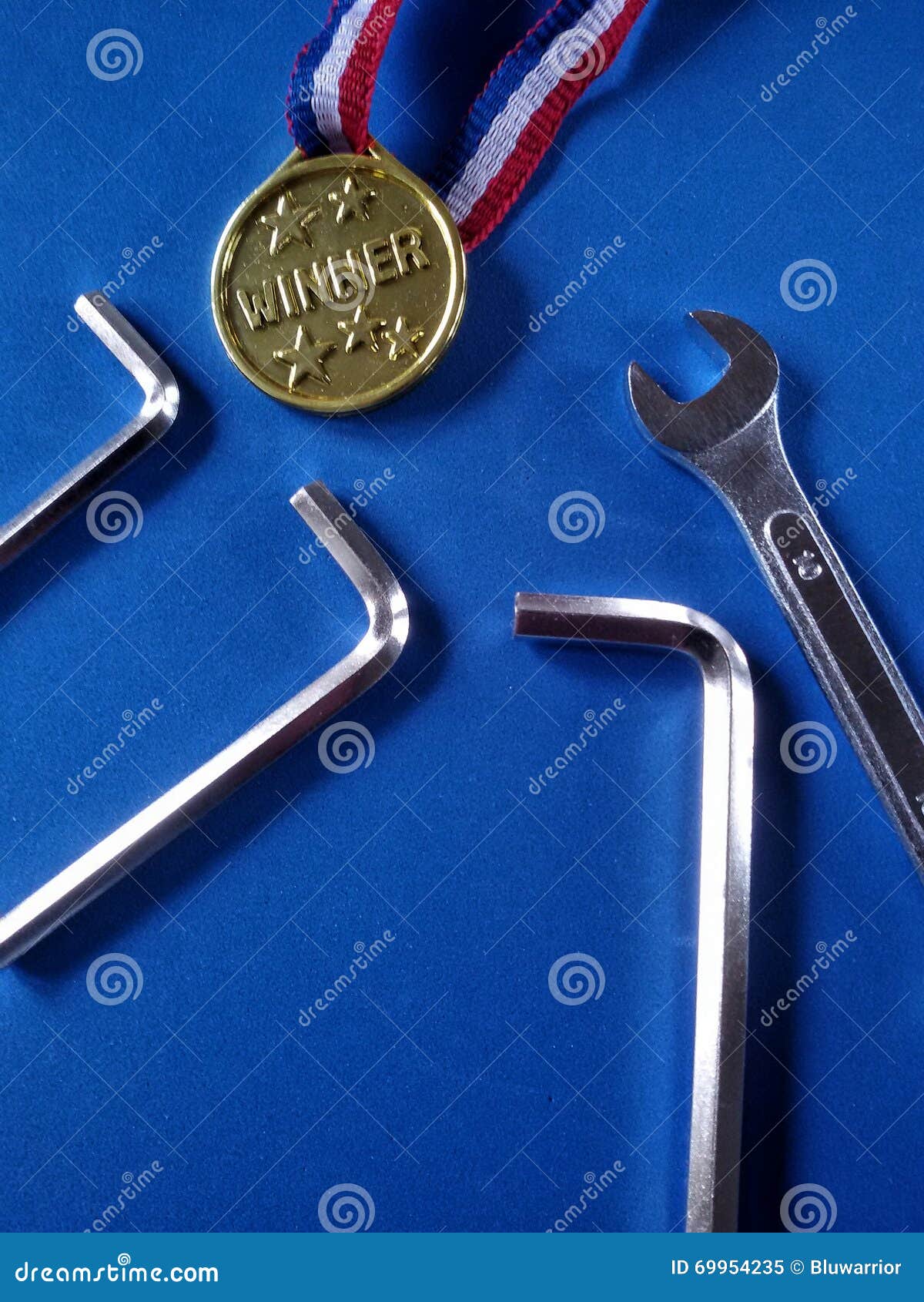 Tools and winner medal stock image. Image of hexkey, objects - 69954235