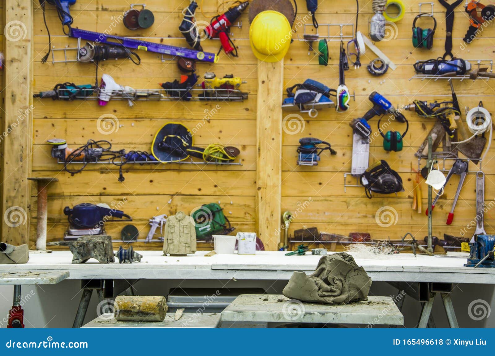 Tools on the Wood Wall of Workshop Stock Photo - Image of hacksaw ...