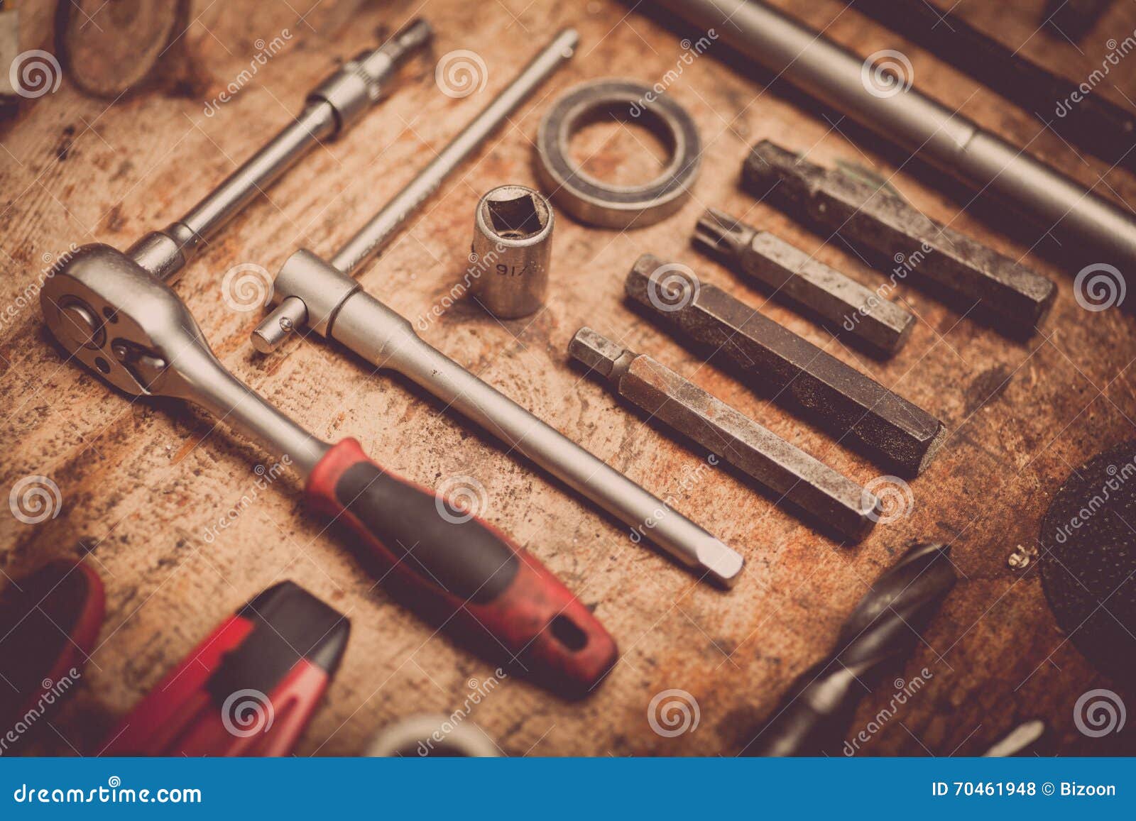 Tools on wooden plank stock photo. Image of plank, craft - 70461948