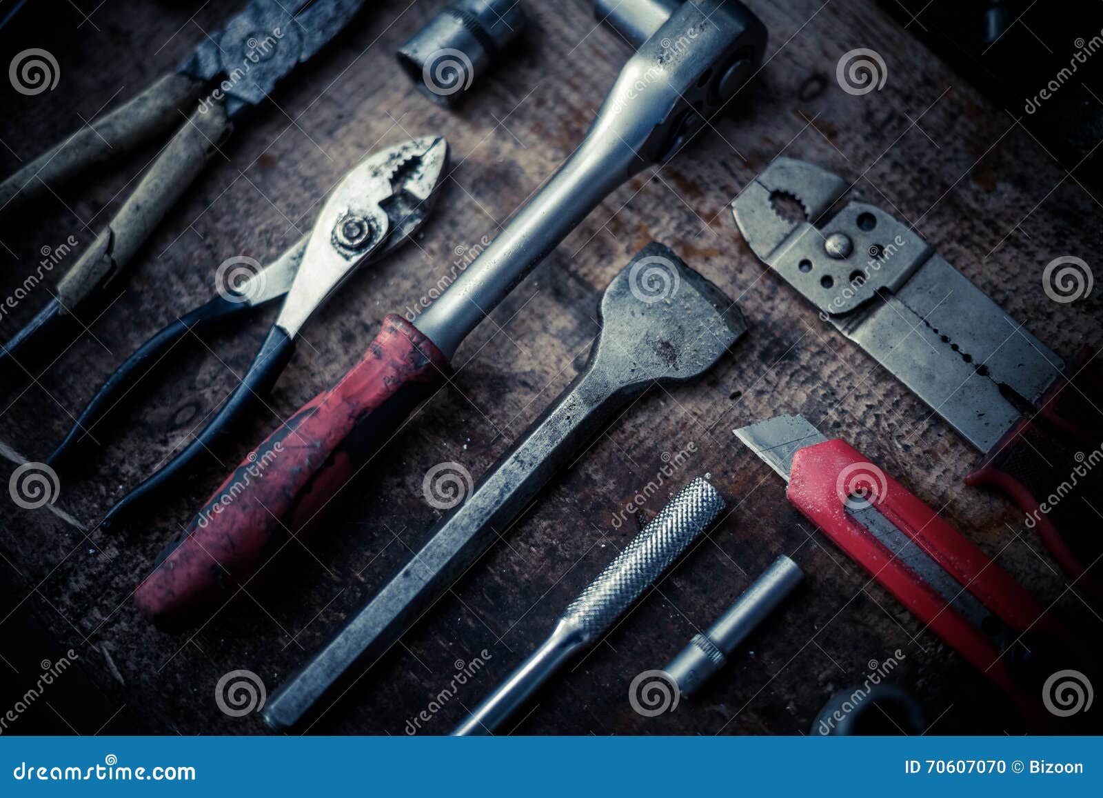 Tools on wooden plank stock photo. Image of plank, industry - 70607070