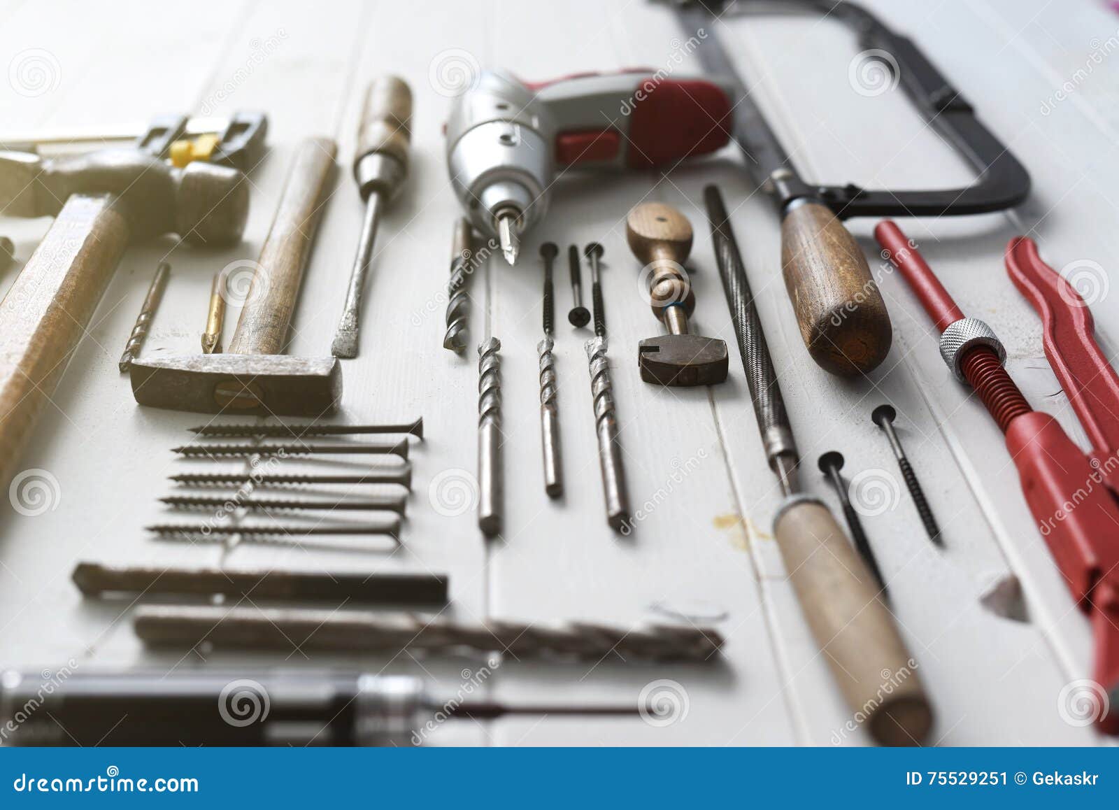 Tools on wooden table stock image. Image of cutter, object - 75529251