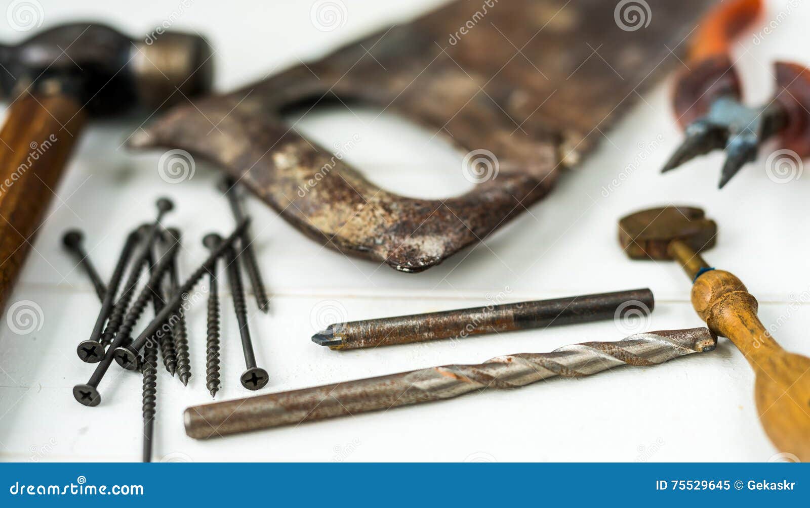 Tools on wooden table stock image. Image of handle, construction - 75529645