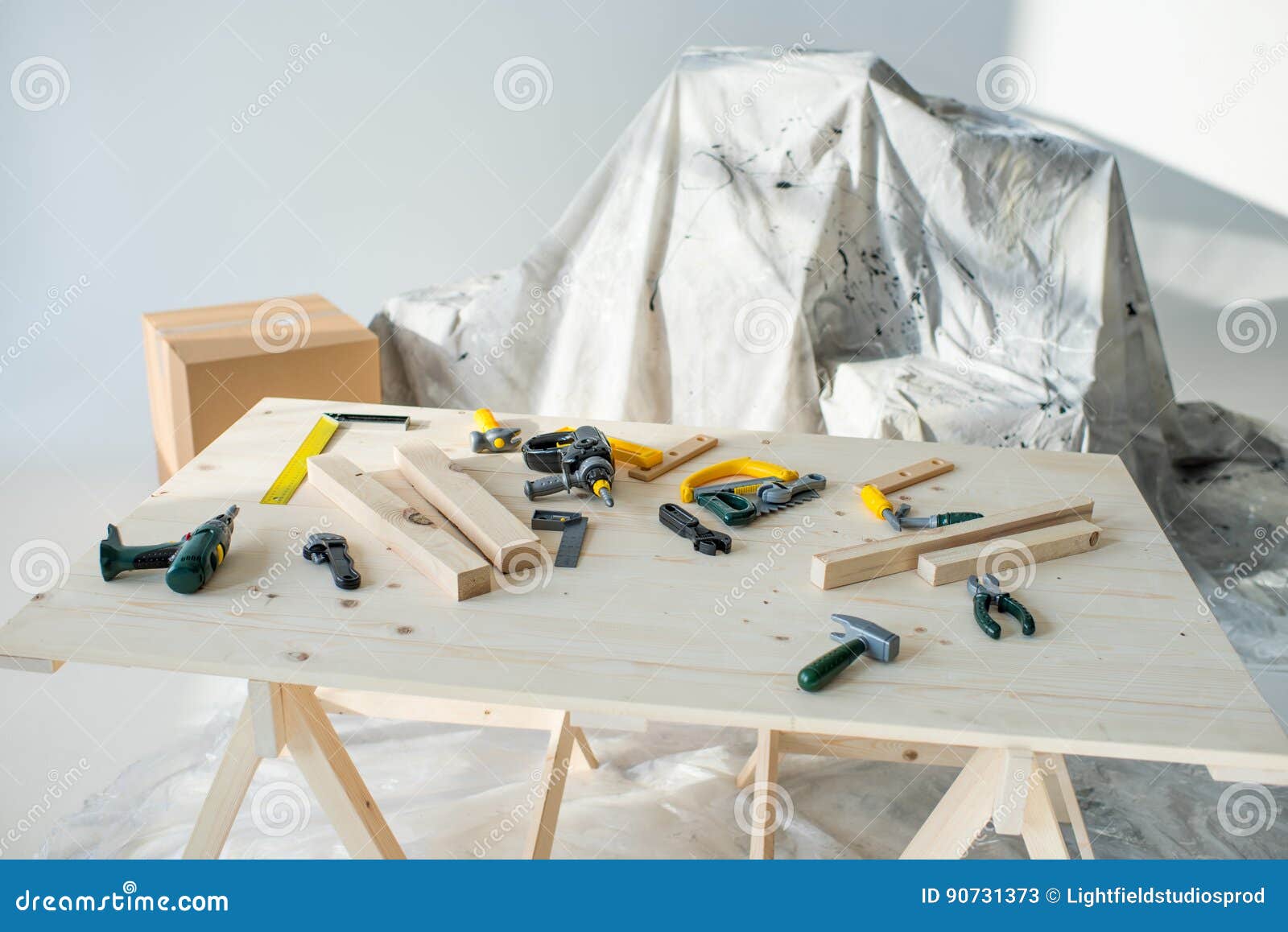 Tools on wooden table stock image. Image of table, drill - 90731373
