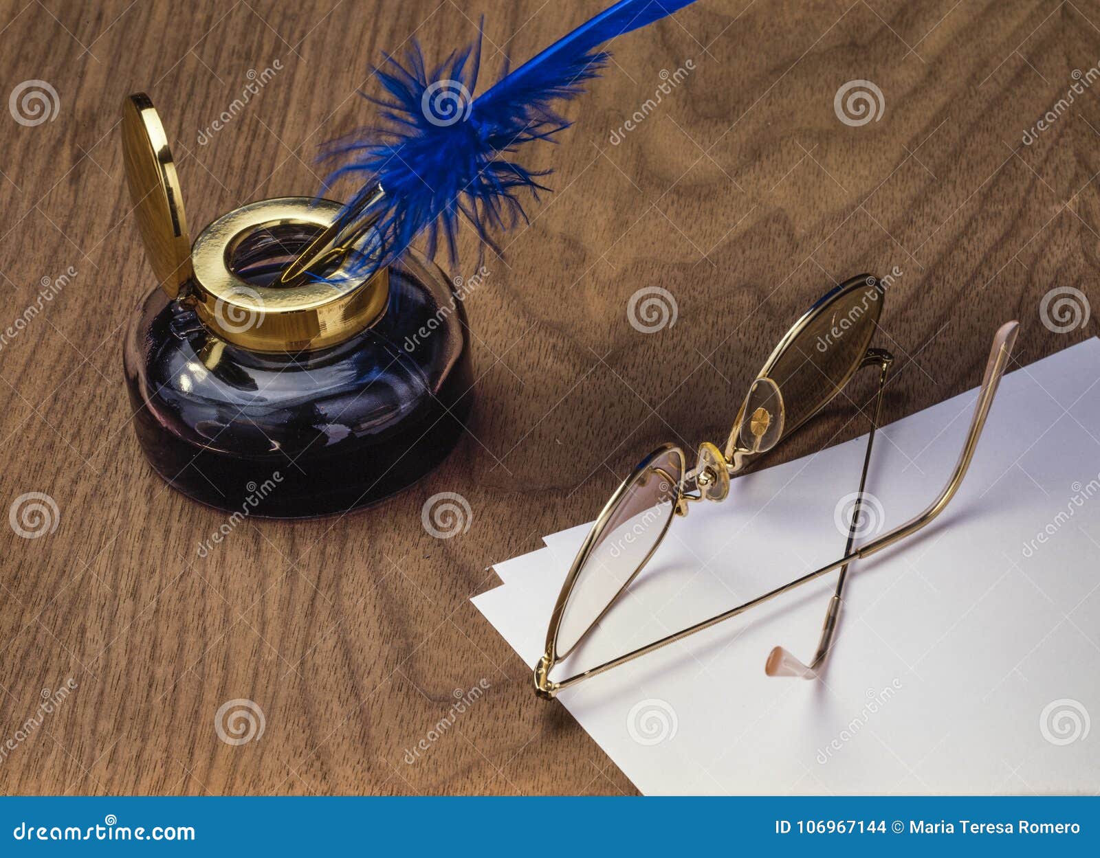 Inkwell with Pen and Glasses Stock Photo - Image of bottle, mystery ...