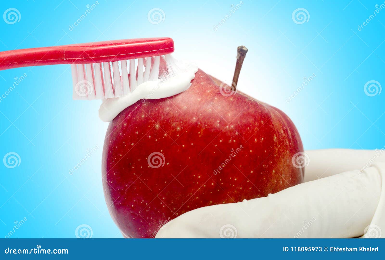 Tooth Brushing Tecnique with Toothpaste and Red Apple Isolated Stock ...