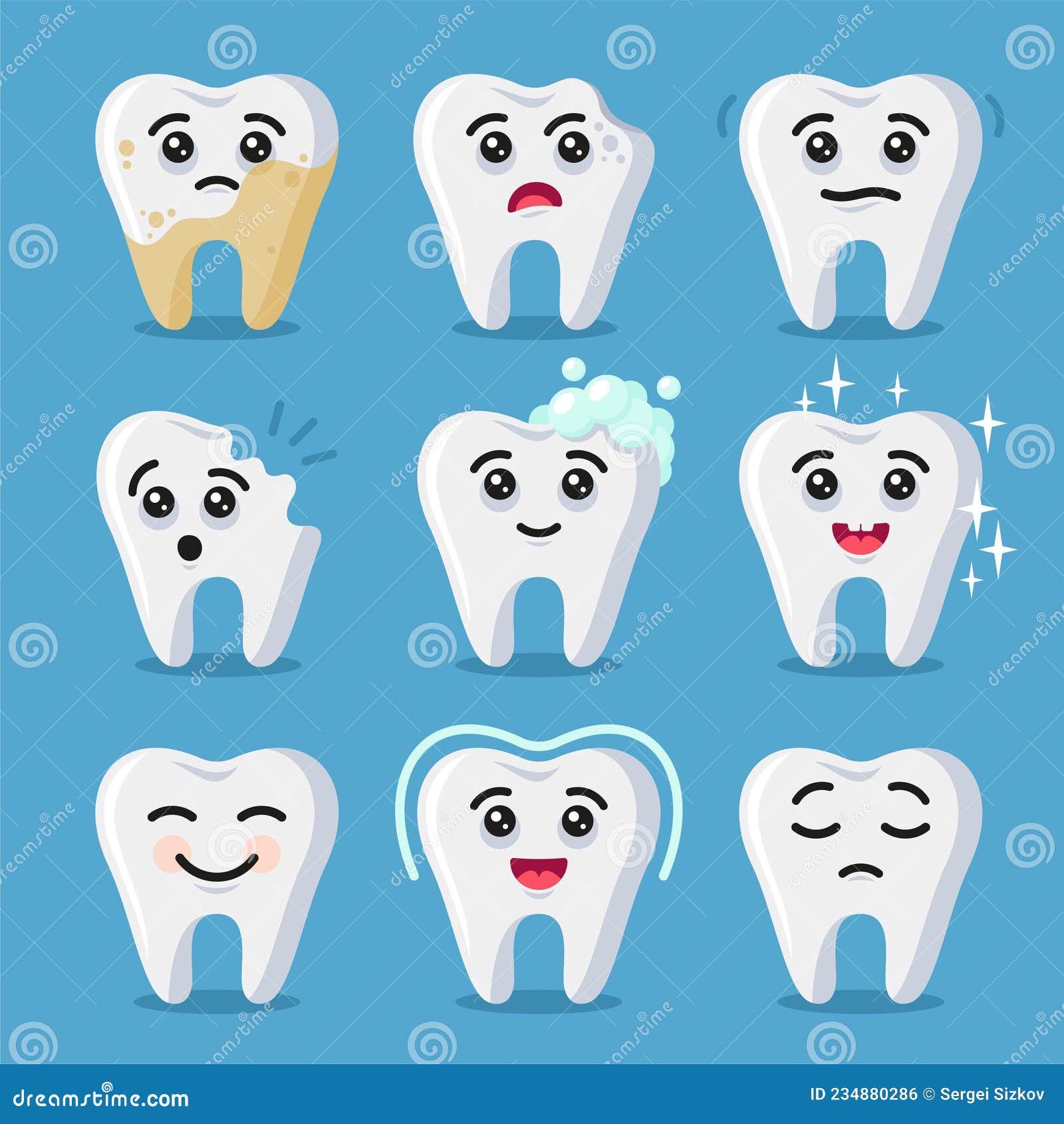 Tooth Emoji Set Cartoon Style on Blue Background. Vector Stock Vector ...