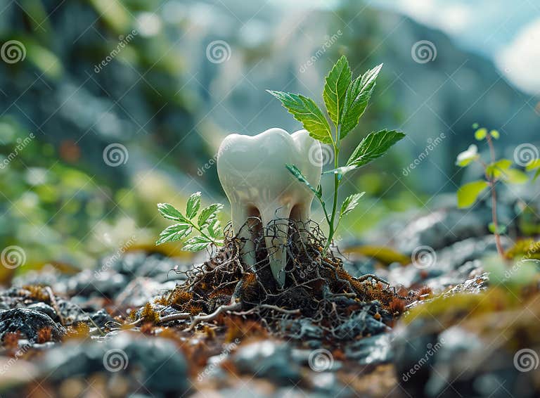 Tooth is Growing on Pile of Dirt. a White Tooth is Growing on the ...