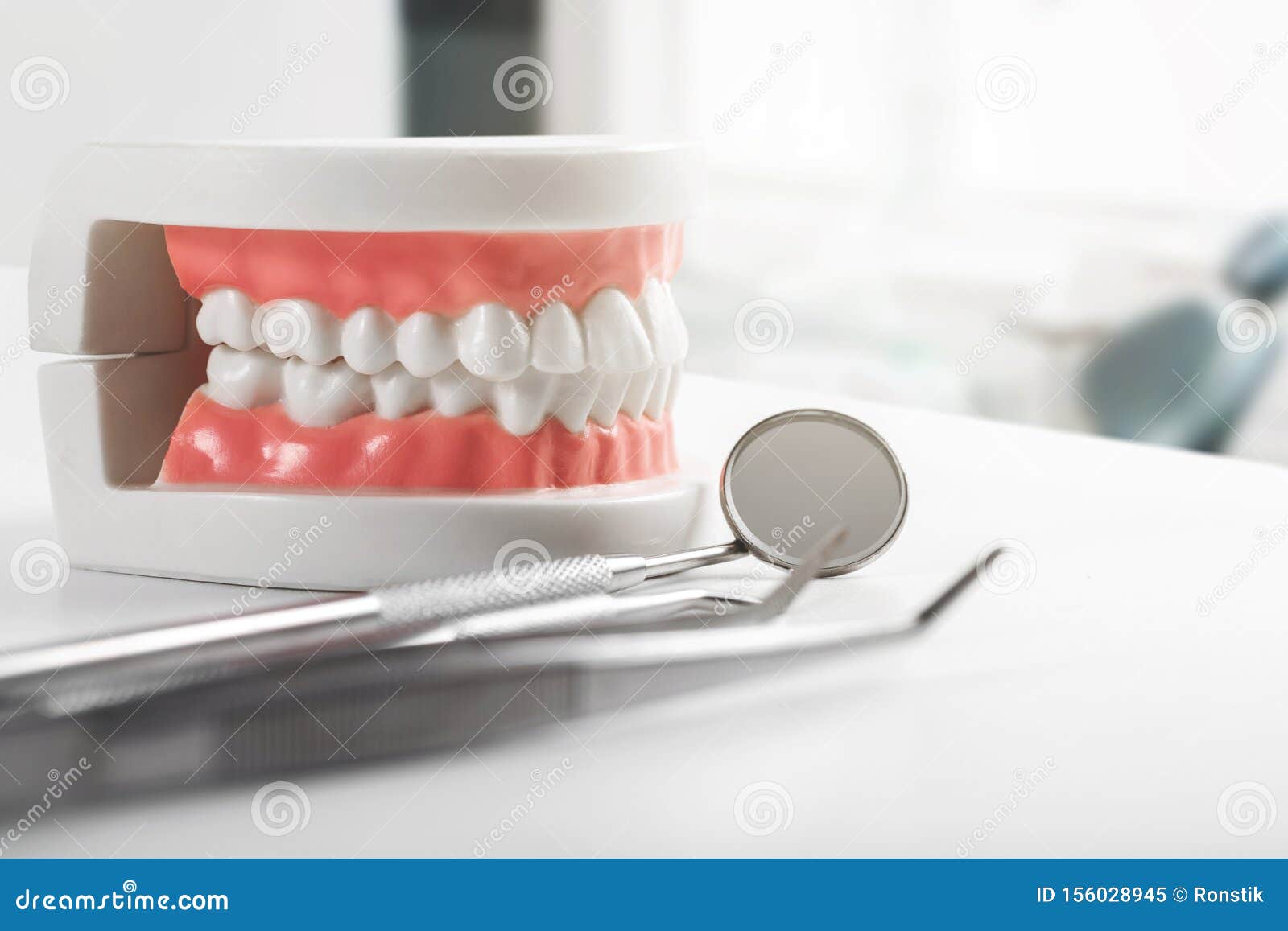 Tooth Model and Dental Tools on the Table in Dentist Office Stock Image ...
