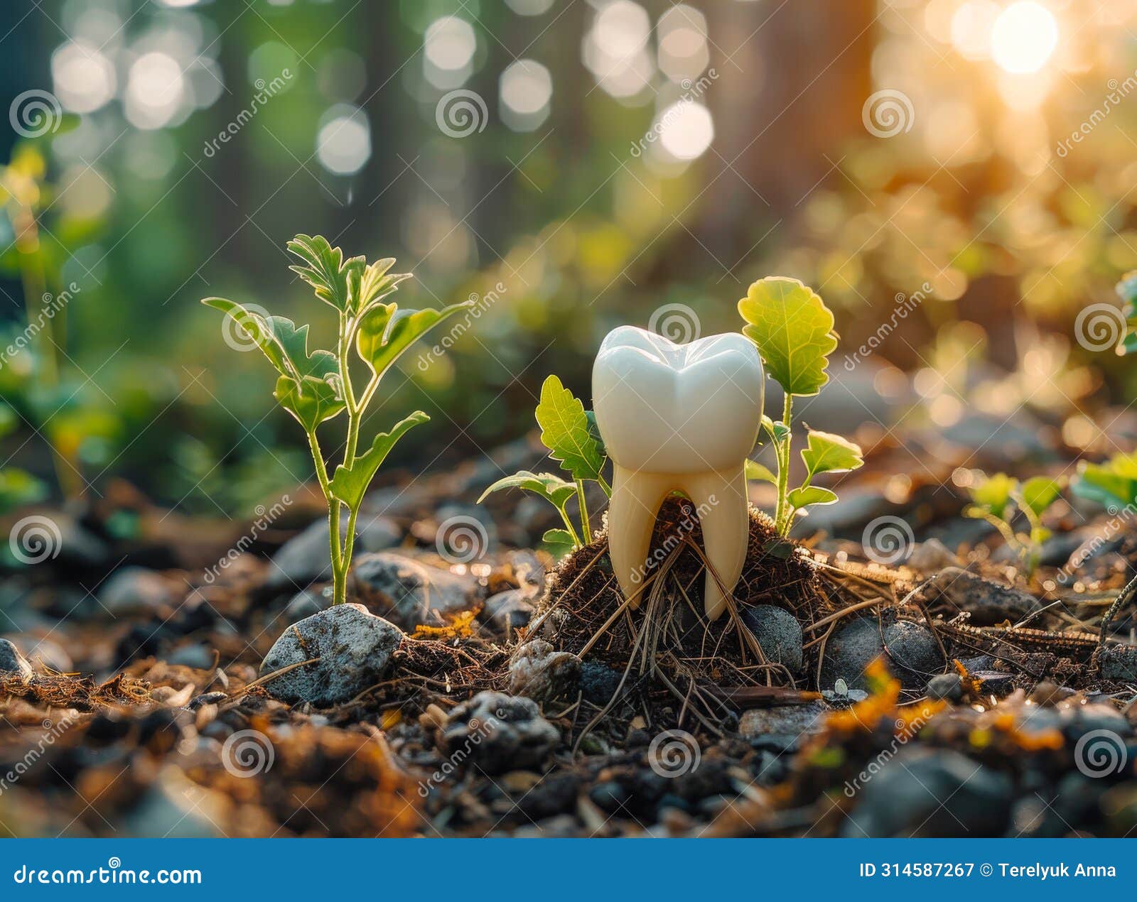 Tooth and Roots in the Forest. a White Tooth is Growing on the Hillside ...