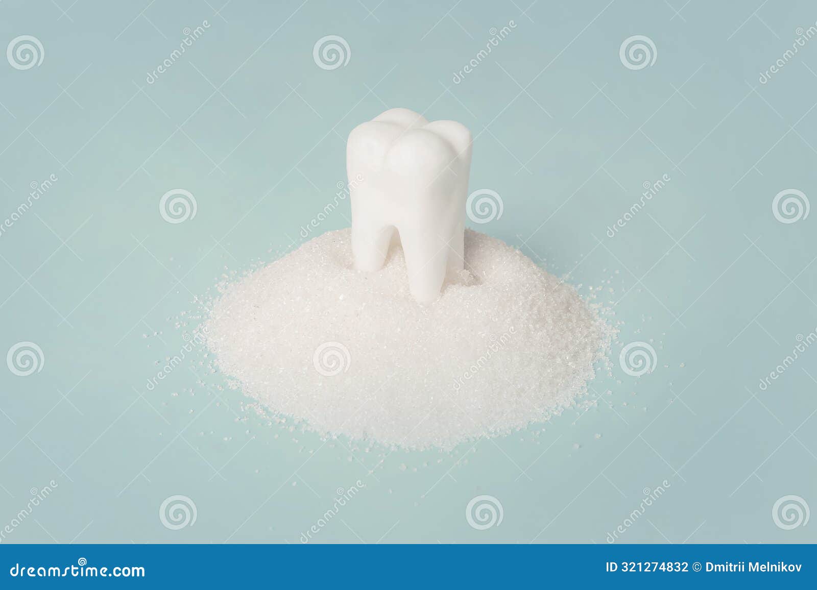 Tooth with Sugar on Blue Background. Harm of Sugar and Sweet for Teeth ...