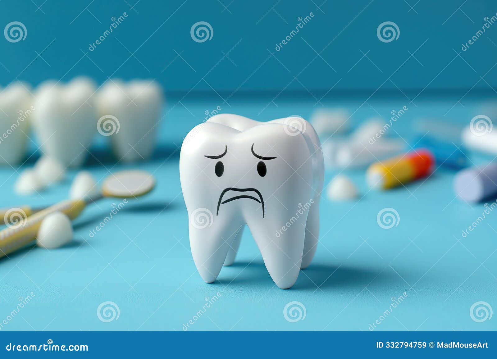Tooth with Toothache, Tooth Decay and Toothbrush on Blue Background ...
