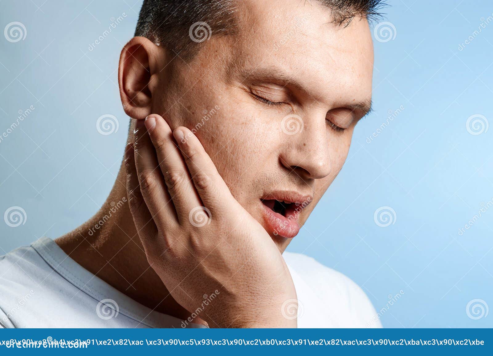Toothache. Portrait of a Man Close-up on a Blue Background Stock Photo ...