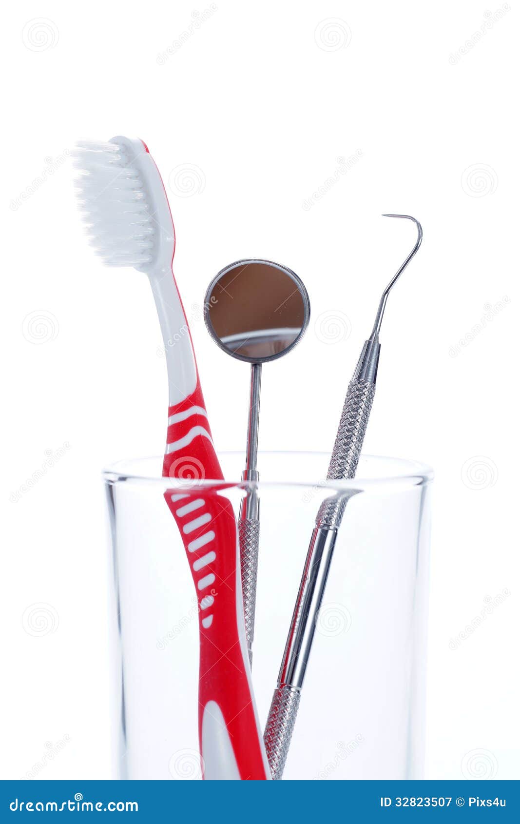 Toothbrush and Dental Mirror - Explorer in Glass Stock Image - Image of ...