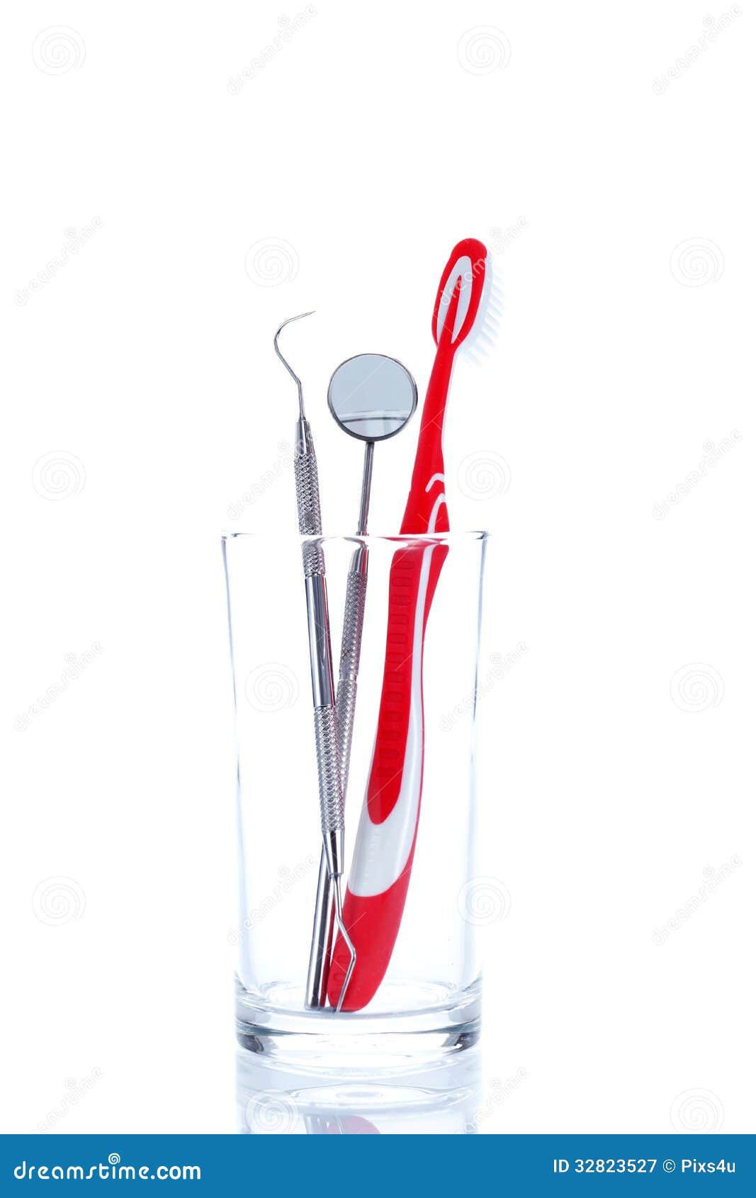 Toothbrush and Dental Mirror - Explorer in Glass Stock Image - Image of ...