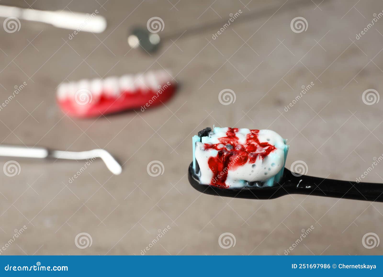 Toothbrush With Blood Closeup. A Woman Discovered Bleeding Gums While ...