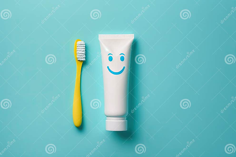 Toothbrush and Paste with a Smiley Face on a Blue Background ...
