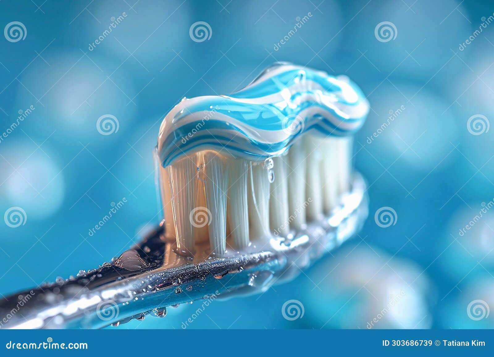 Toothbrush with Toothpaste on Blurred Blue Background Side View Close ...