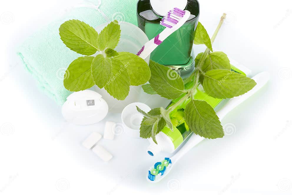 Toothbrush with Toothpaste and Fresh Leaves of Mint Stock Photo - Image ...