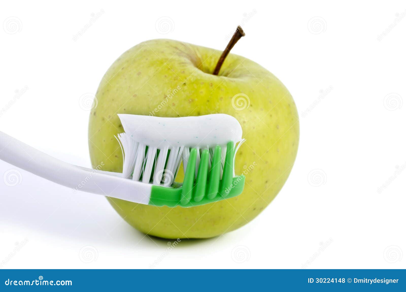 Toothbrush with Toothpaste and Green Apple Isolated Over White Stock ...