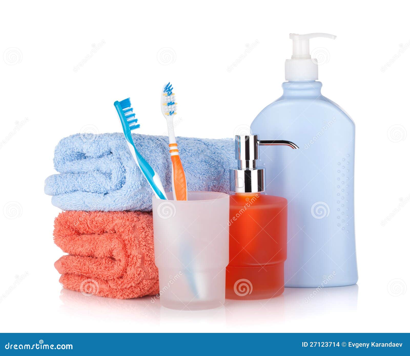 Toothbrushes, Shampoo Bottles and Two Towels Stock Photo - Image of ...
