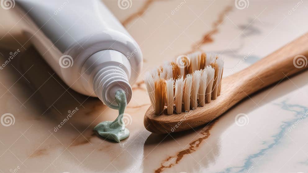 A Toothpaste and a Brush on the Counter with Some Green Stuff, AI Stock ...