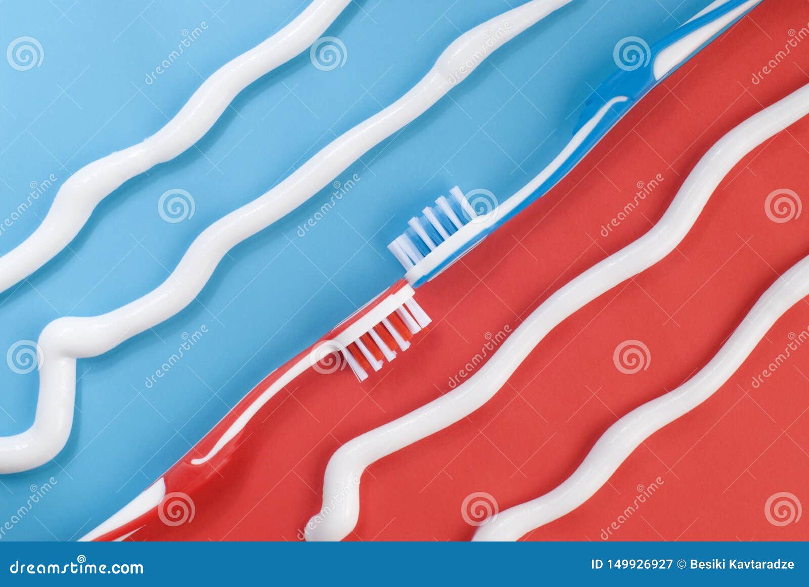 Toothpaste and Toothbrushes on Red and Blue Stock Image - Image of ...
