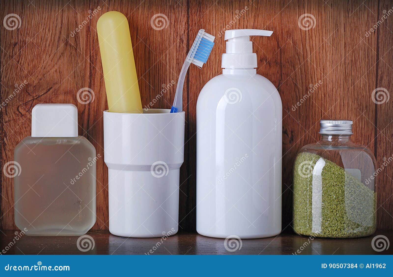 Toothpaste, Toothbrushes, Soap, Aftershave on Bathroom Shelf Stock ...