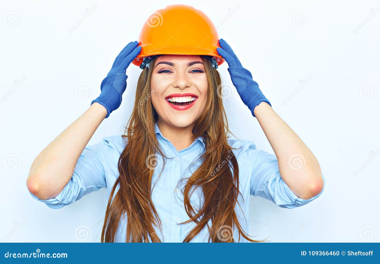 Toothy Smiling Business Woman Wearing a Building Helmet Stock Photo ... Toothy Smiling Business Woman Wearing a Building Helmet Stock Photo ...