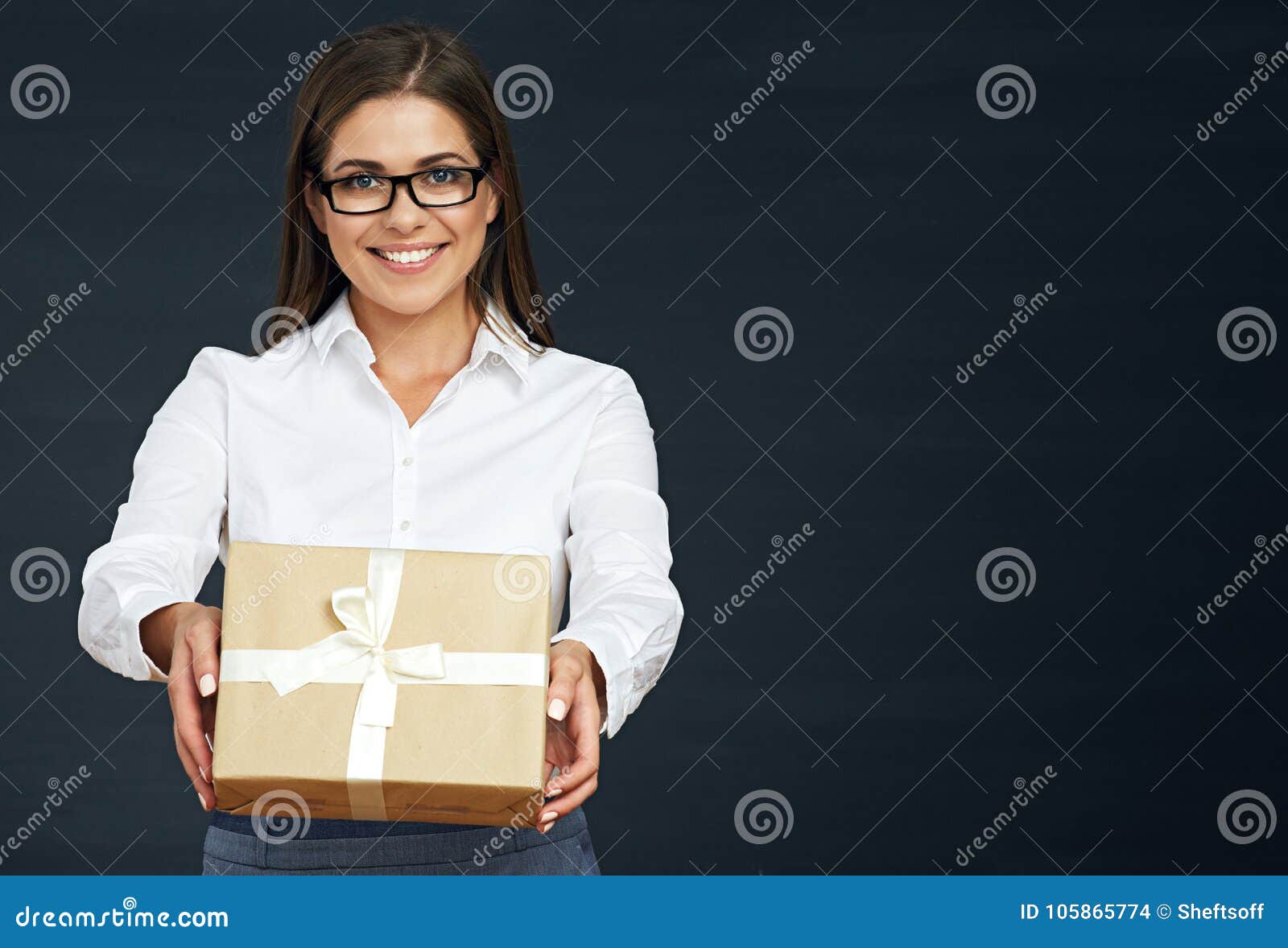 Toothy Smiling Young Business Woman Hold Present Box. Stock Photo ... Toothy Smiling Young Business Woman Hold Present Box. Stock Photo ...