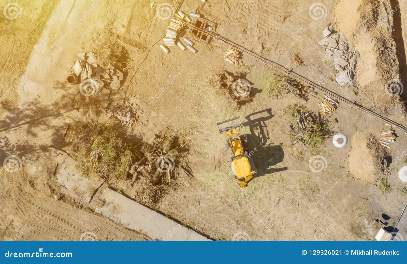 Top Aerial View of Big Wheel Loader Excavator Bulldozer Work on a ...