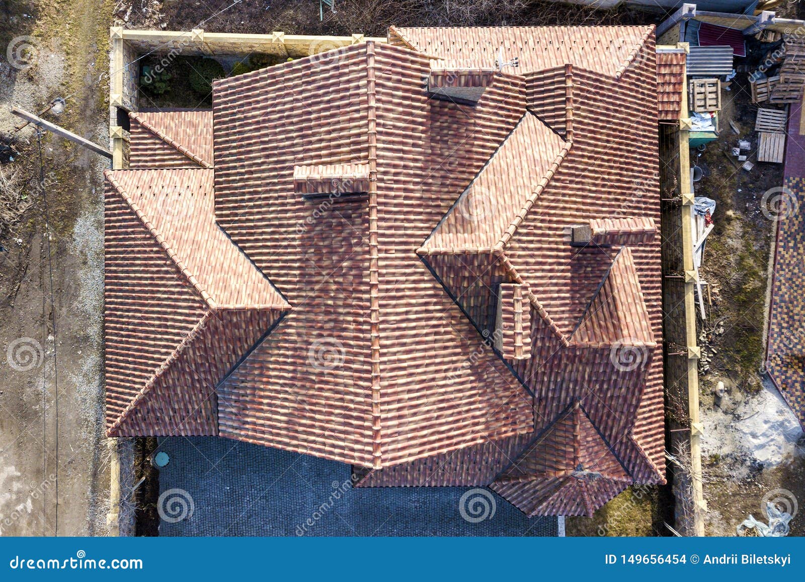 Top Aerial View of Building Complex Shingle Roof Construction. Abstract ...