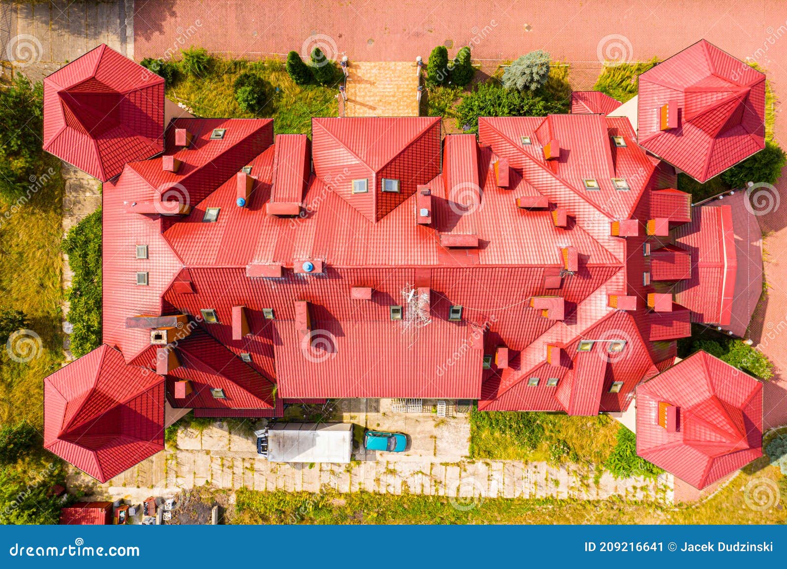 Top Aerial View of Building Complex Shingle Roof Construction. Abstract ...