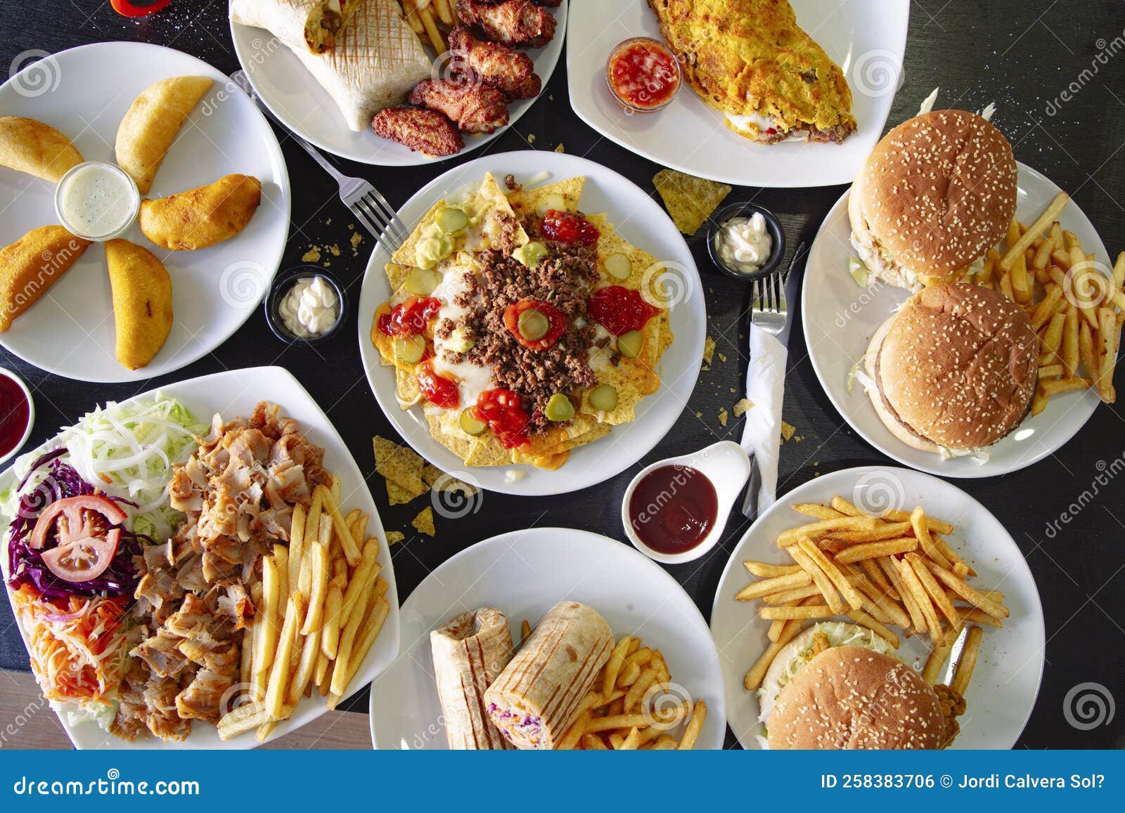 Top Angle of Various Plates of Different Types of Food Stock Photo ...