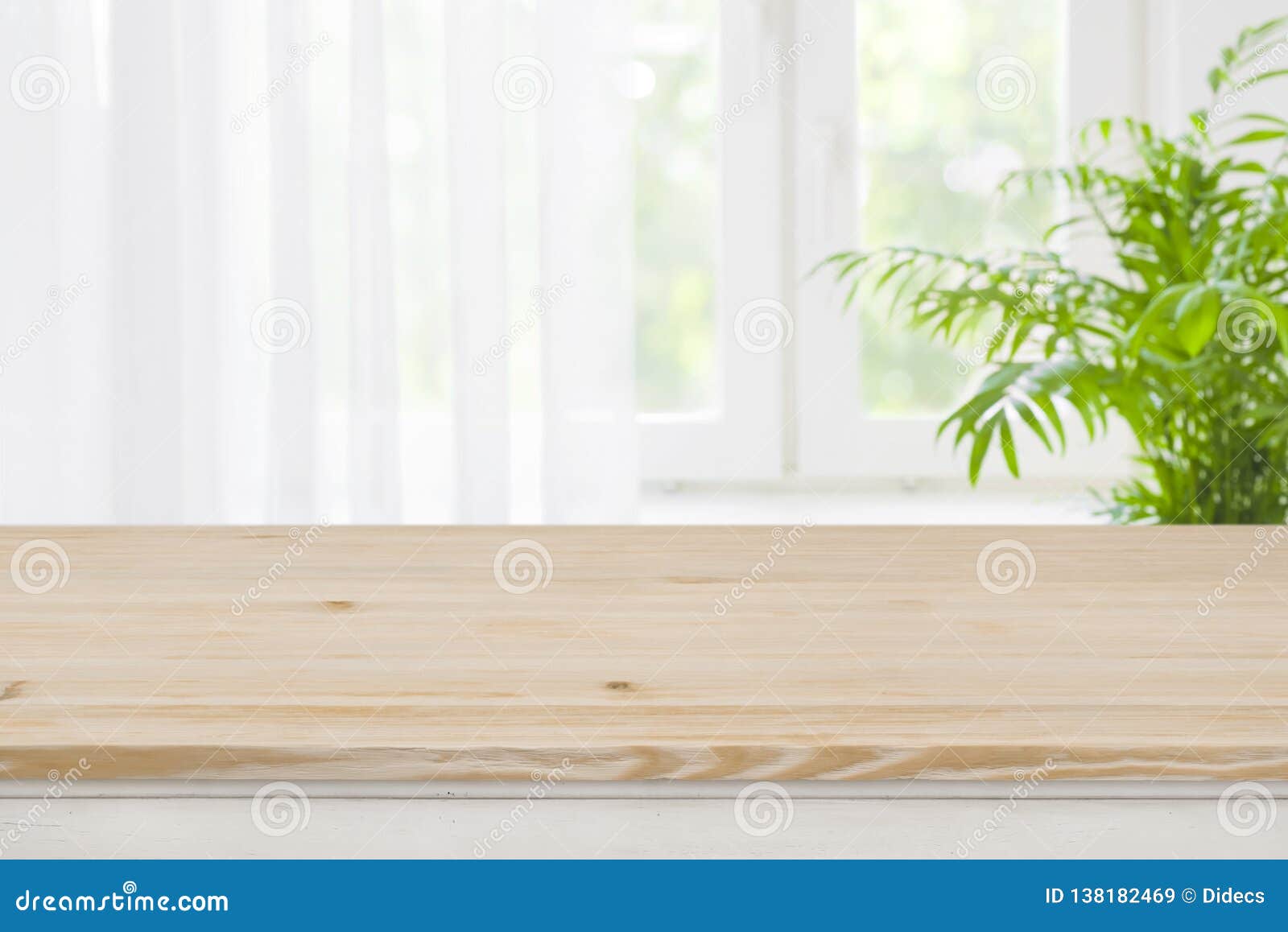 Top of Brown Wood Table on Blurred Curtained Window Background Stock ...