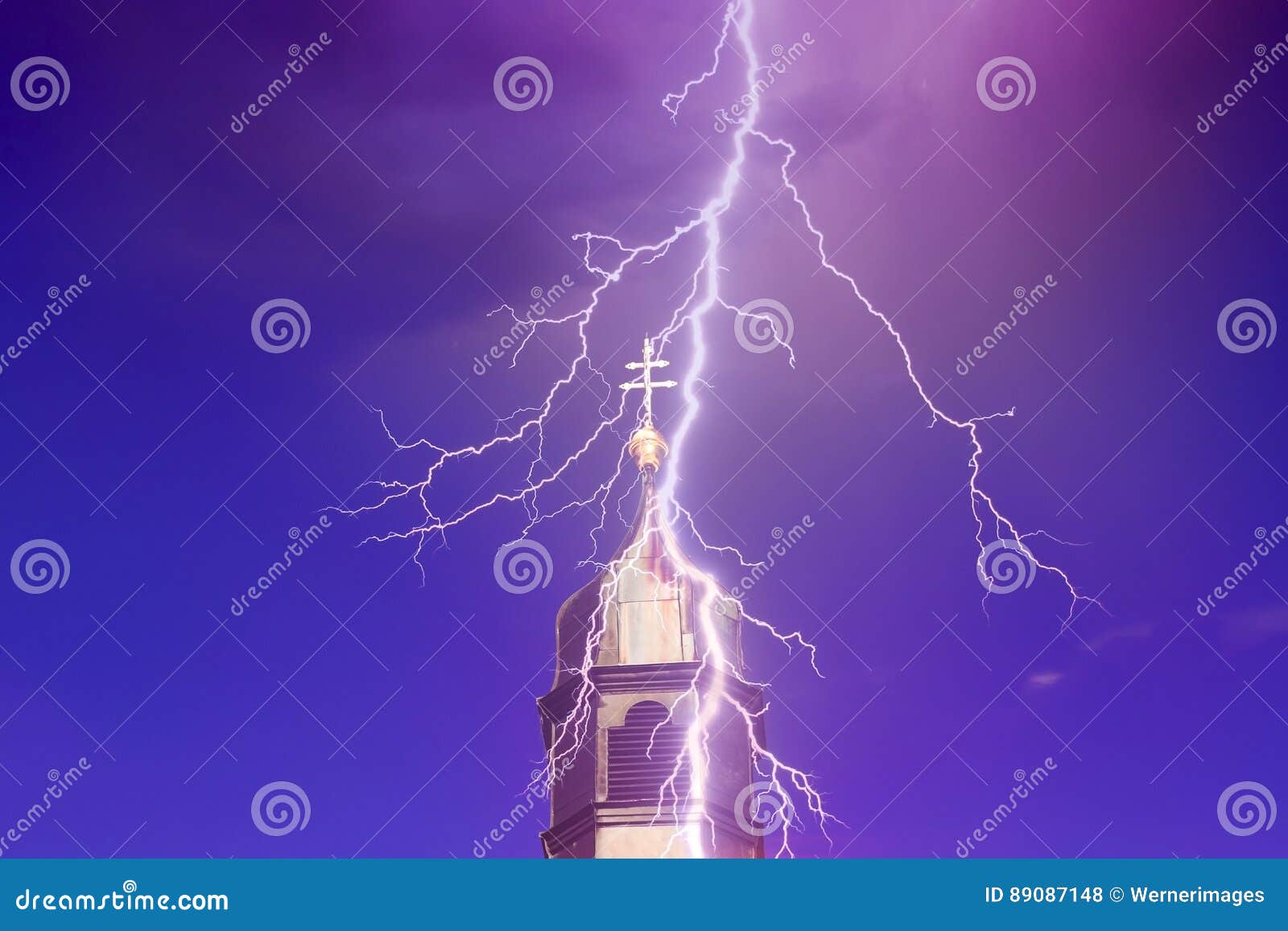 Top of Church Tower with Lightning Stock Photo - Image of power ...