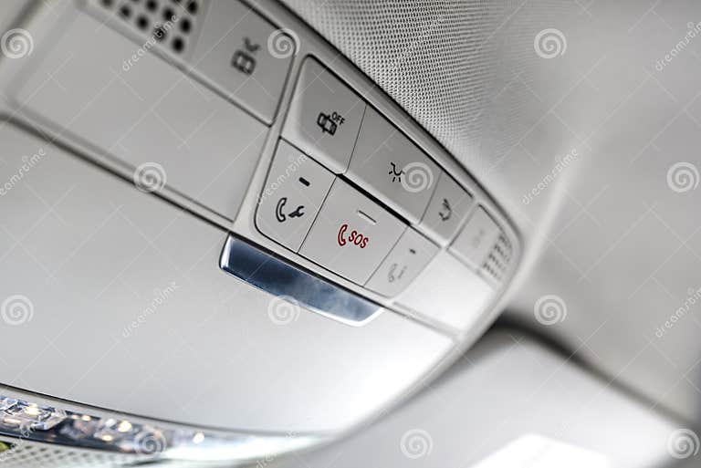 Top Control Panel Buttons in a Luxury Car, SOS Button Visible, Stock ...