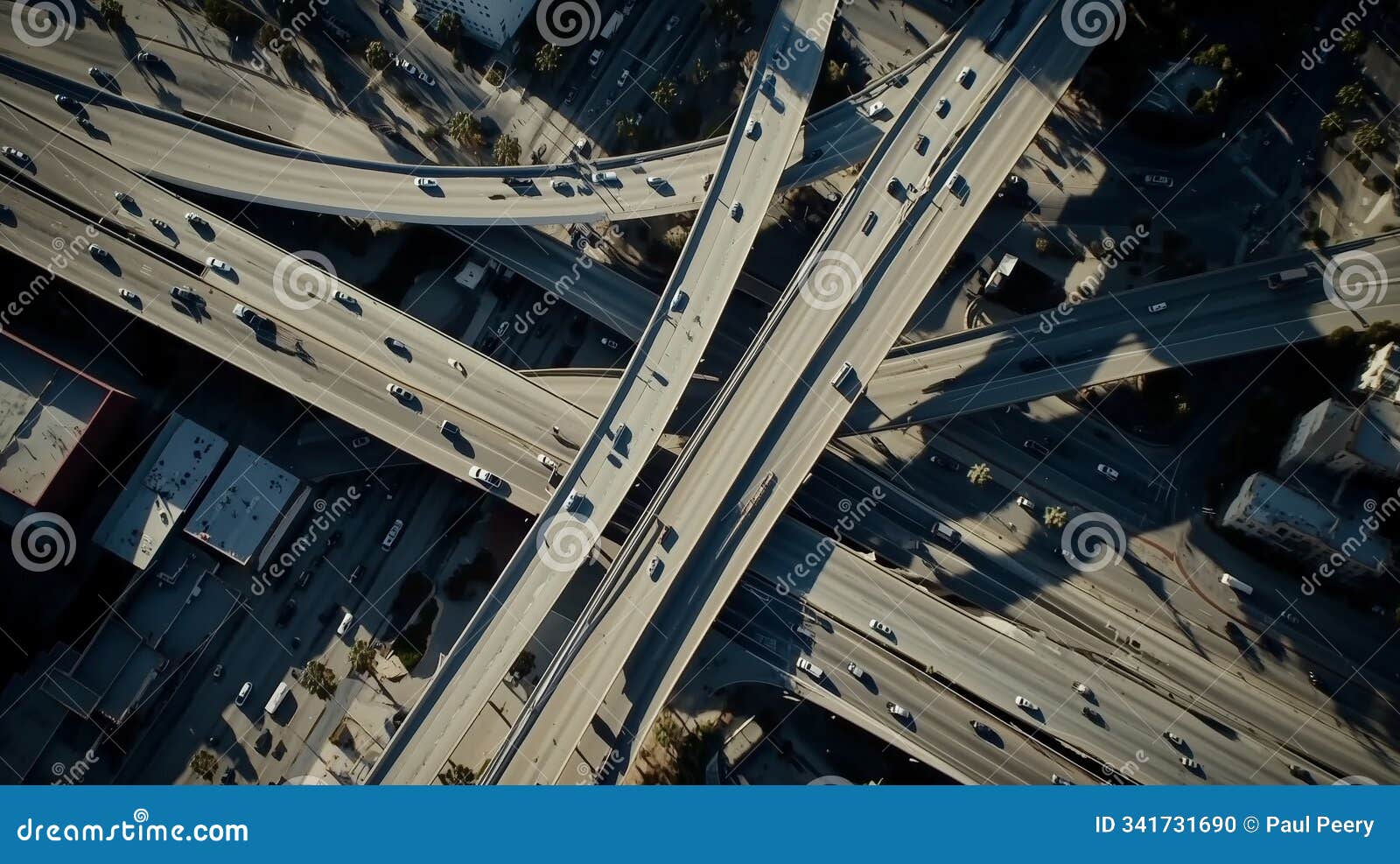 Top-Down Aerial View of a Complex Freeway Intersection with Traffic on ...