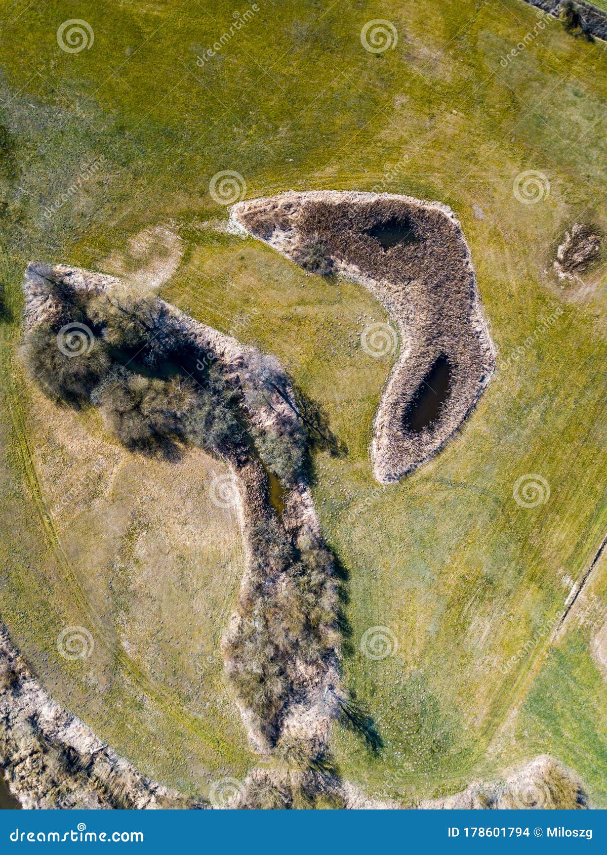Top Down Aerial View with Early Spring Meadows and River Stock Photo ...